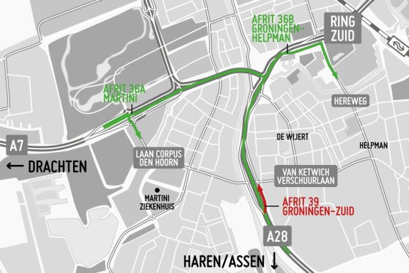 Afrit 39 Groningen-Zuid dicht voor verkeer vanuit Assen